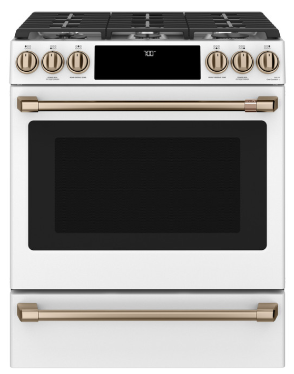 GE® Cafe™ Series 30" Slide-In Front Control Gas/Convection Range Matte ...